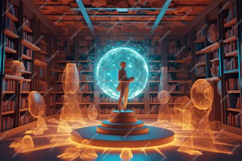 Premium Photo | 3d avatar in a mystical library surrounded by floating books AI generated