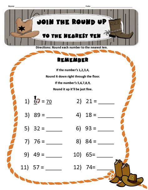 A Worksheet For Rounding To The Nearest Ten With Cowboy Boots And Rope