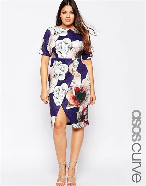 Asos Curve Textured Wiggle Dress With Wrap Skirt In Watercolour Print At Plus Size