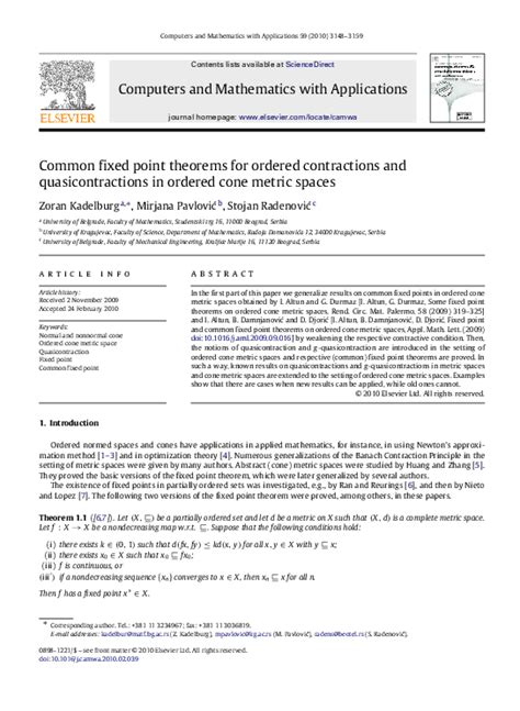 Pdf Common Fixed Point Theorems For Ordered Contractions And Quasicontractions In Ordered Cone
