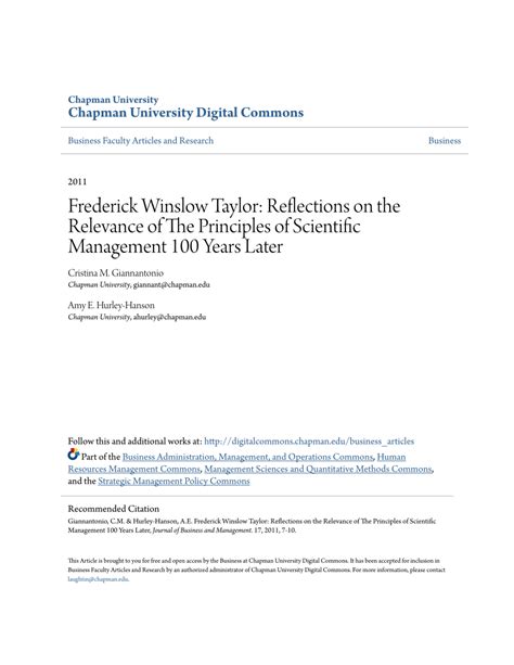 Pdf Frederick Winslow Taylor Reflections On The Relevance Of The