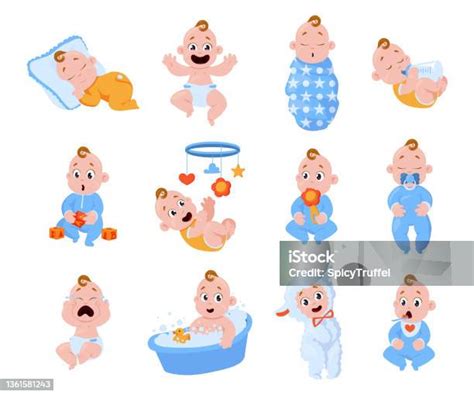 갓 태어난 아기 만화 유아 소년과 소녀 캐릭터 는 웃고 울고 잠을 자거나 어린 아이들을 놀아 기저귀와 젖꼭지를 가진 유아 인간의 나이 벡터 귀여운 쾌활한 어린이 아기에 대한