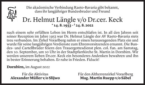 Todesanzeigen von Helmut Längle Todesanzeigen Vorarlberger Nachrichten