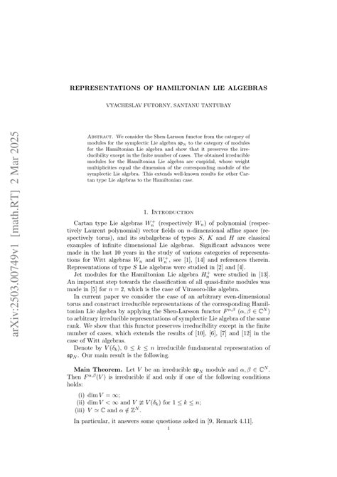 Pdf Representations Of Hamiltonian Lie Algebras