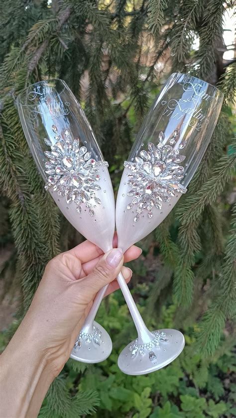 Crystal Wedding Flutes For Bride And Groom With Stones Bling Toasting