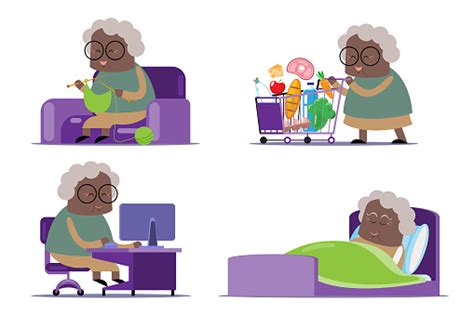 감정 귀여운 벡터 일러스트 플랫 만화 캐릭터 라이프 스타일 노인 여자는 취미 뜨개질 일 온라인 채팅 집에서 자고 슈퍼마켓에서