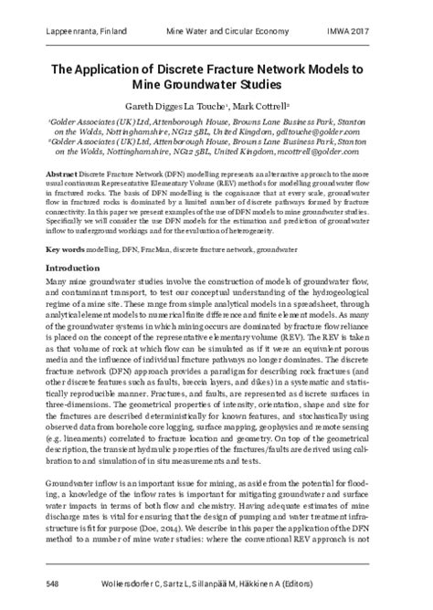 Pdf The Application Of Discrete Fracture Network Models To Mine