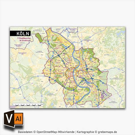Köln Stadtbezirke Stadtteile Topographie Vektorkarte Grebemaps® B2b