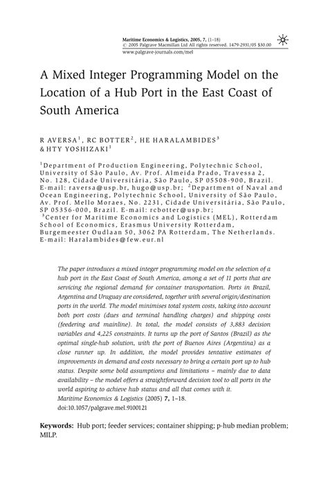 Pdf A Mixed Integer Programming Model On The Location Of A Hub Port