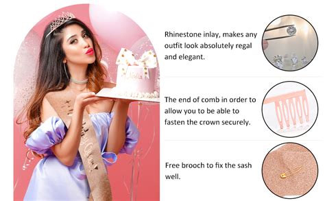 Aco Uint Birthday Queen Crown For Women Rhinestone Tiara And Birthday Sash Set Rose