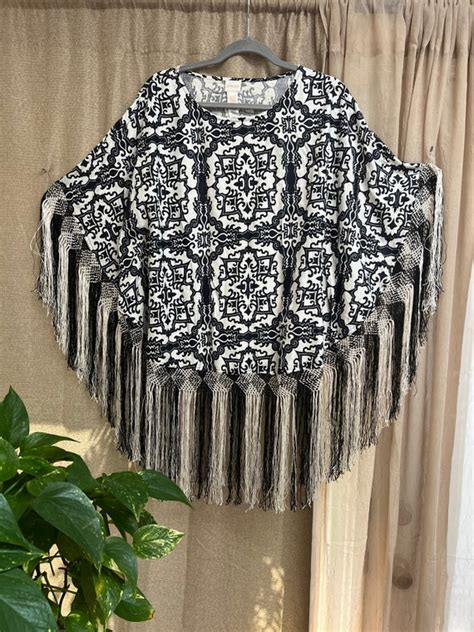 Vintage Exotic Black White Moroccan Tile Print Fringe Gem