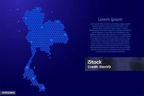 태국 지도 개요 배너 포스터 인사말 카드에 대 한 반복 되는 노드 및 공간 별 패턴 기하학적 배경을 파란색 삼각형에서 도식 벡터