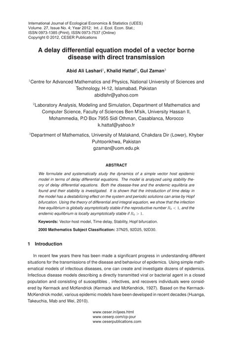 Pdf A Delay Differential Equation Model Of A Vector Borne Disease