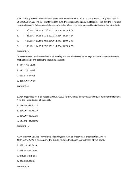 Subnetting Sample Problems With Answers An Isp Is Granted A Block Of