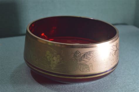 Купить Ваза фруктовница Богемия Bohemia Виноград Цветное стекло Позолота Чехословакия