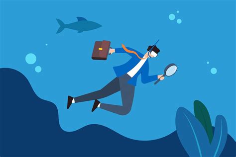 Flat Illustration Of Businessman Scuba Diving In Deep Blue Ocean With