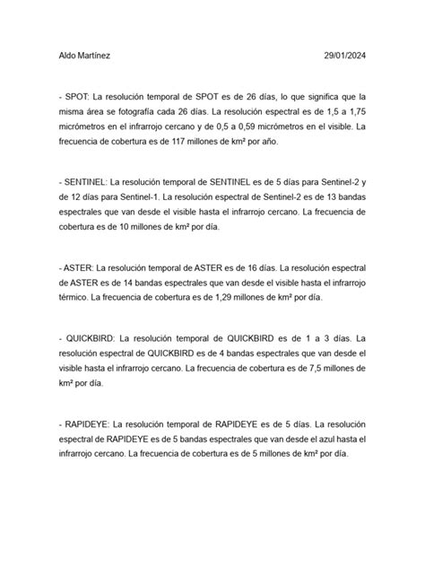 Imágenes Spot Sentinel Aster Quickbird Y Rapideye Pdf Ciencias