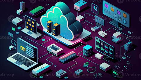 Cloud Technology Computing Devices Connected To Digital Storage In The