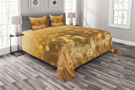 Ambesonne Dandelion Quilted Bedspread Set 3 Pcs Vintage Spring Sunset
