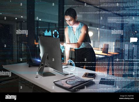 Office Computer Hologram Or Night Person Reading Future Administration Dashboard Research