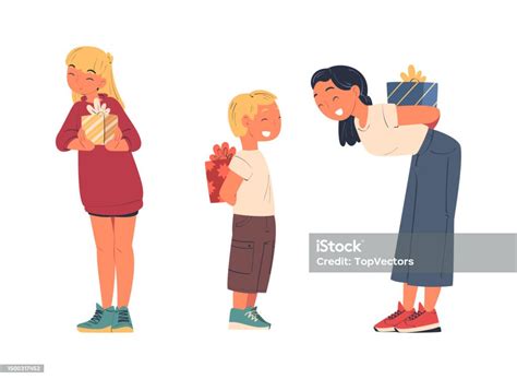 행복한 여자와 소녀 캐릭터는 휴일 축하 벡터 세트를 위한 선물 상자를 준다 공유 개념에 대한 스톡 벡터 아트 및 기타 이미지