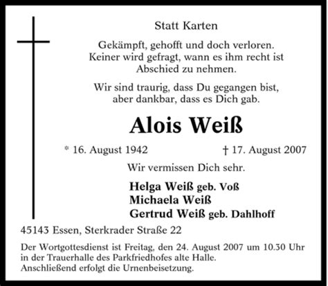 Traueranzeigen von Alois Weiß Trauer in NRW de