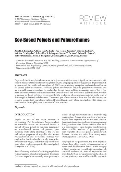 Pdf Soy Based Polyols And Polyurethanes