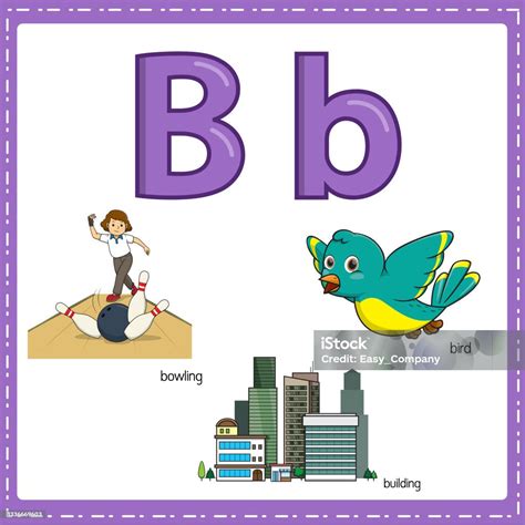 3 개의 만화 이미지를 가진 어린이를위한 소문자와 대문자 모두에서 문자 B를 학습하기위한 벡터 일러스트레이션 볼링 빌딩 새
