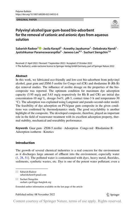 Polyvinyl Alcohol Guar Gum Based Bio Adsorbent For The Removal Of Cationic And Anionic Dyes From