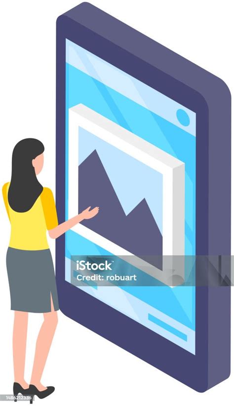 사진 갤러리를 탐색하는 여성 전시된 사진 사진 및 비디오 저장 공간이 있는 스마트폰 화면 개념에 대한 스톡 벡터 아트 및 기타 이미지 Istock