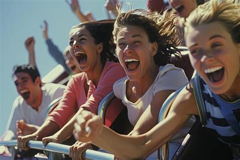 A Group Of People Riding On Top Of A Roller Coaster Premium Ai