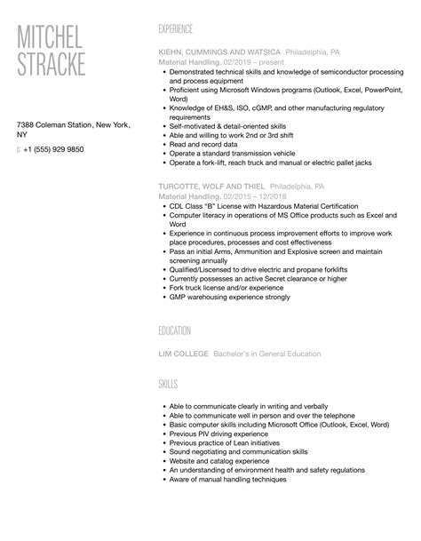 Material Handling Resume Samples Velvet Jobs