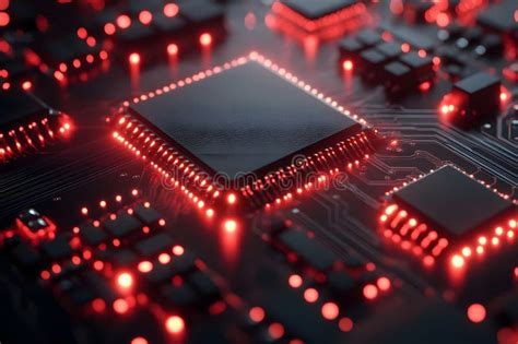 Futuristic Technology Microchip With Illuminated Red Circuit Board Design Generative Ai Stock
