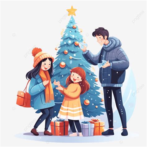 겨울 축하에 크리스마스 트리를 장식하는 행복한 캐릭터 가족 크리스마스 아이들 크리스마스 가족 크리스마스 선물 Png