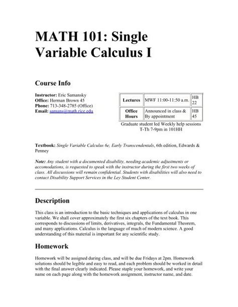 Math 101 Single Variable Calculus I Department Of Mathematics