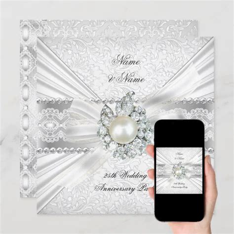 Elegant 25th Silver Anniversary Party Lace Pearl Invitation Zazzle