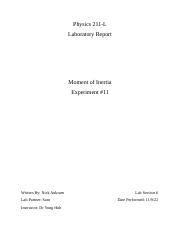 Lab Report Experiment Docx Physics L Laboratory Report Moment Of Inertia Experiment