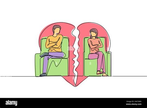 single continuous line drawing unhappy stubborn couple sit separate on