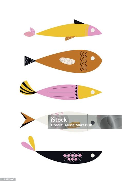 패턴이 다른 5 가지 색상의 물고기 세트 물고기 바다 바다 인테리어용 배너 세기 중반 손으로 그렸습니다 벡터 일러스트 레이