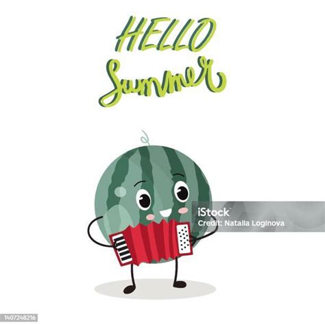 하모니카 만화 캐릭터를 연주하는 전체 쾌활한 수박의 벡터 일러스트레이션 비문 안녕하세요 여름 여름 시간 여름 분위기 열매 유기농 재미있는 수박 만화에 대한 스톡 벡터 아트