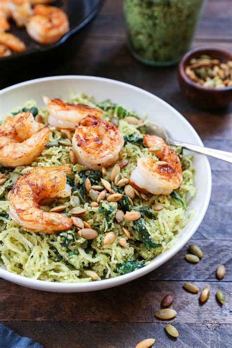 Spaghetti Squash With Pesto And Sautéed Shrimp