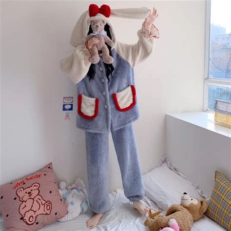 토끼 귀 바니 홈웨어 파자마 파티 캐릭터 웃긴 극세사 수면 잠옷