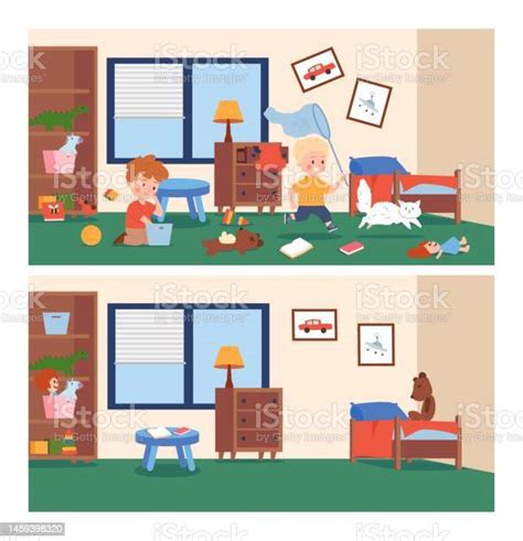 지저분하고 깨끗한 어린이 보육원 또는 침실 만화 평면 벡터 삽화 가정의 방에 대한 스톡 벡터 아트 및 기타 이미지 가정의 방