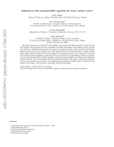 Pdf Solutions To The Extended Kdv Equation For Water Surface Waves