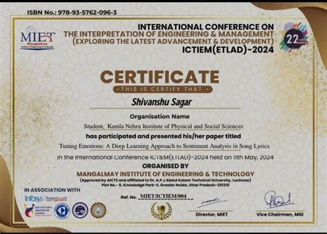 Shivanshu Sagar On Linkedin Achievement Deeplearning Sentimentanalysis Ictiem2024 Research