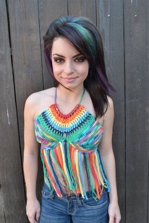 Reversible Rainbow Crochet Halter Top With Fringes Festival Etsy