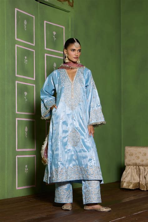 Light Blue Tissue Kurta Set With Dupatta And Embroidered Pants Koshur India