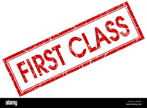 First Class Red Square Grungy Stamp Isolated On White Background Stock