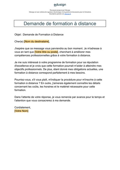 Demande de formation à distance Modèle de mail ou lettre Edusign