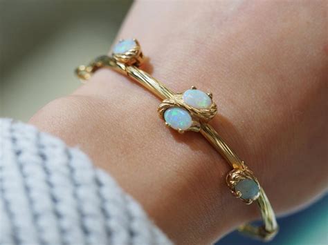 Vintage Estate 14 Karat Yellow Gold Opal Bamboo Bangle Bracelet At 1stdibs